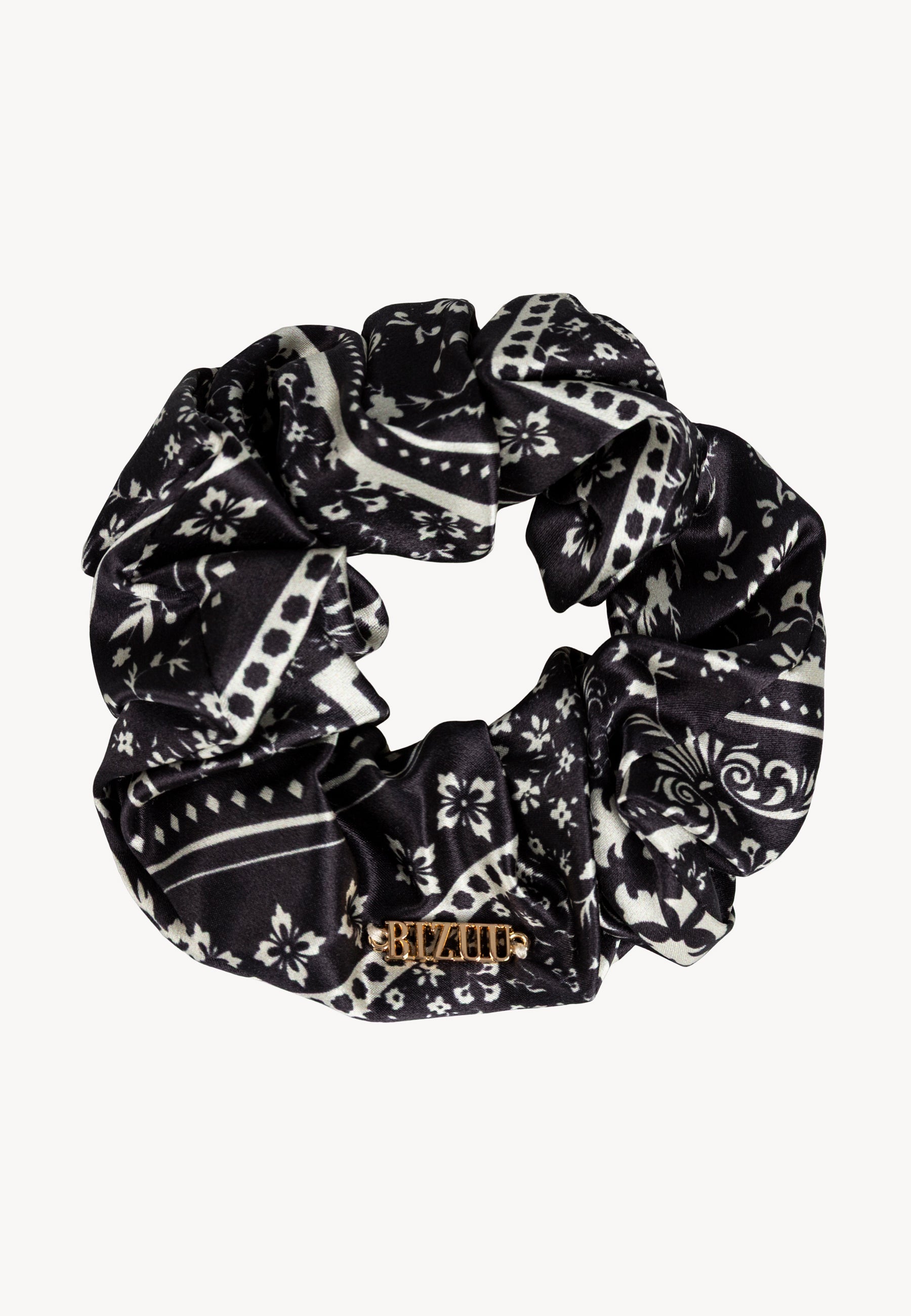 Black BANDI silk scrunchie with floral print – Bizuu