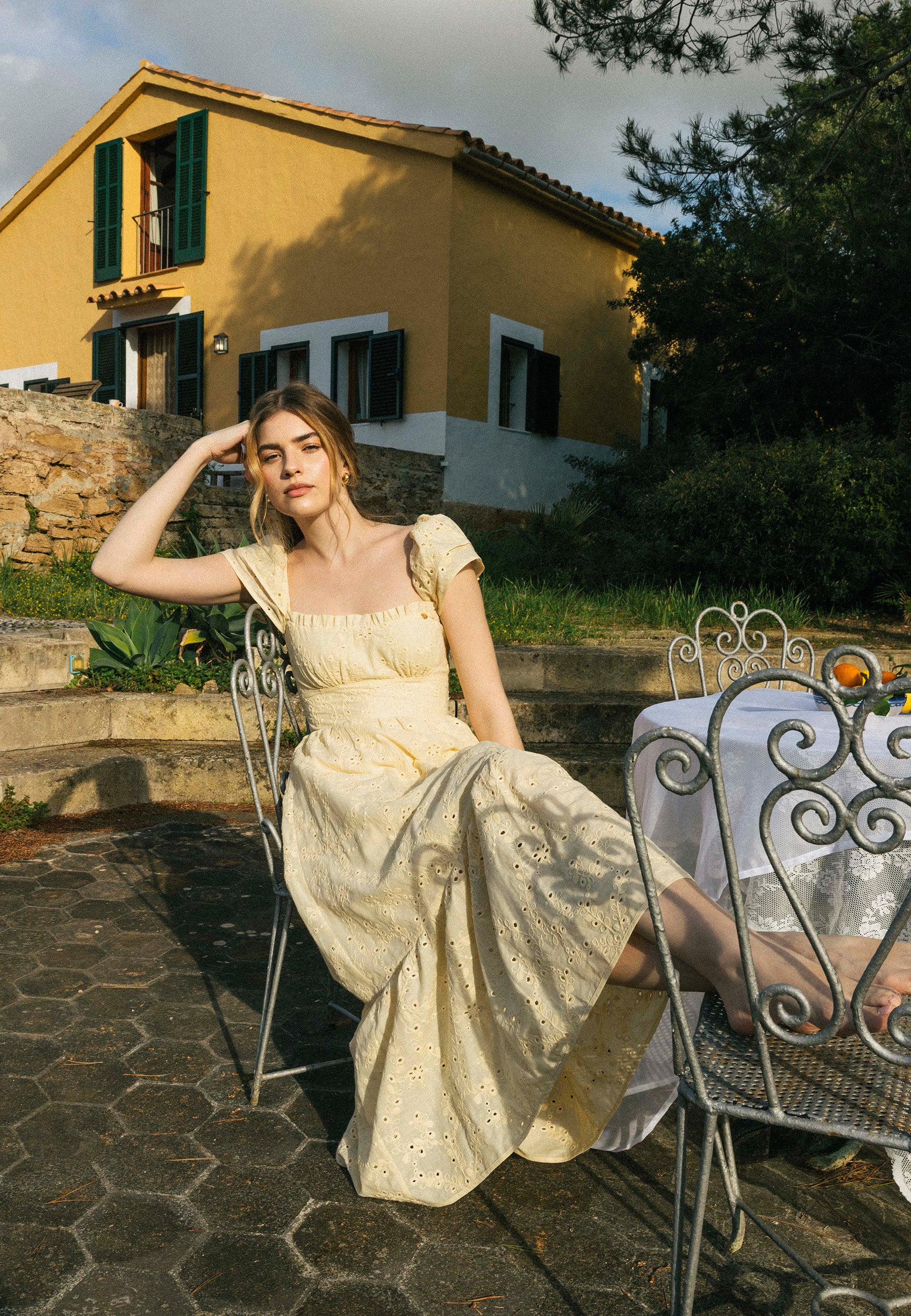 Yellow midi dress with floral embroidery CORSICA – Bizuu